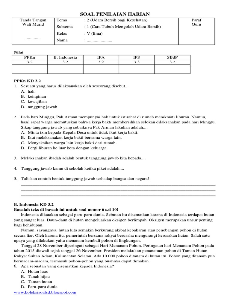Soal Penilaian Harian Kelas 5 Tema 2 Subtema 1 | PDF