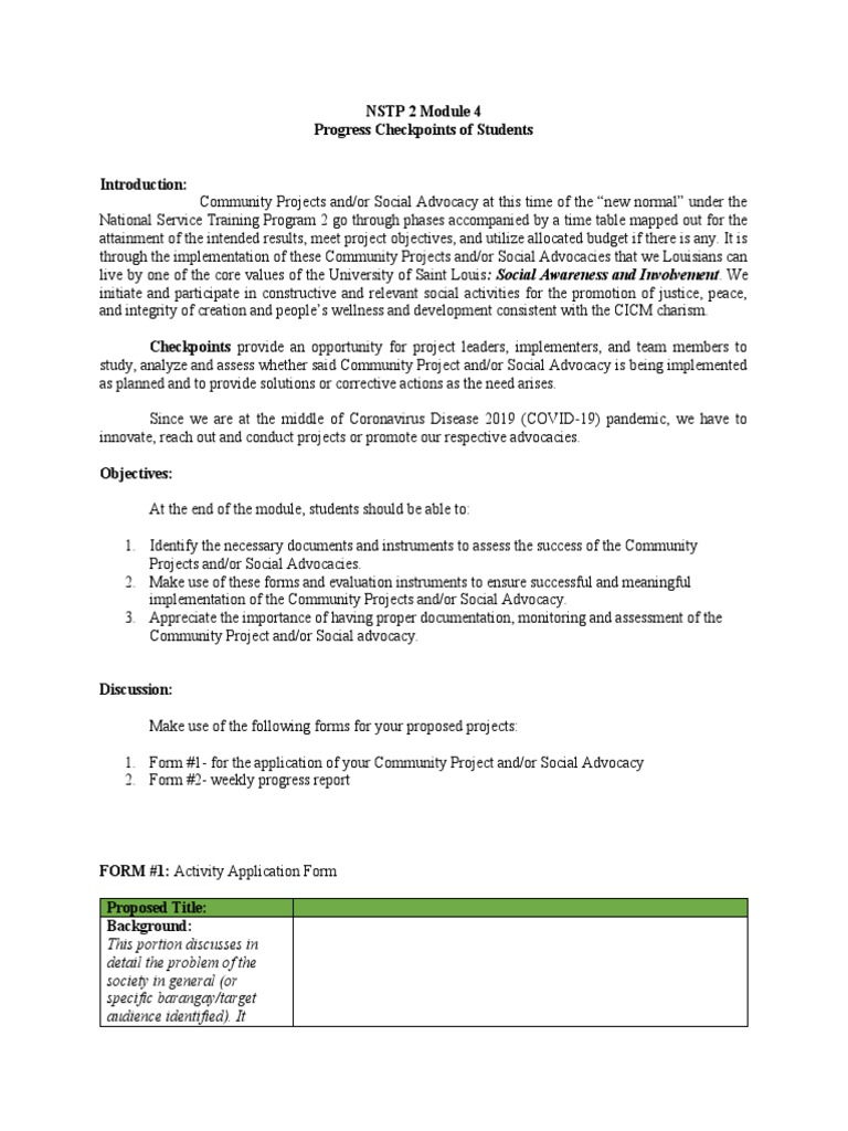 NSTP 2 Module 4 Progress Checkpoints of Students | PDF | Project ...
