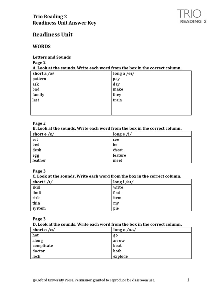 Trio Reading 2 Readiness Unit Answer Key | PDF | Verb | Adjective