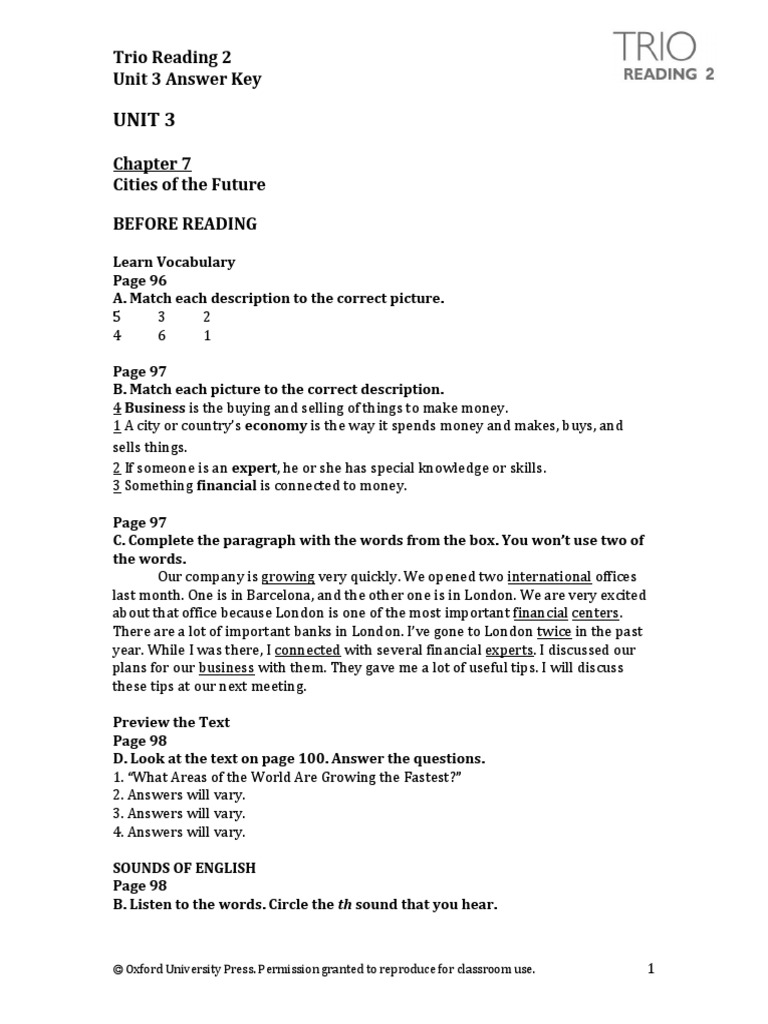 Trio Reading 2 Unit 3 Answer Key | PDF | Adverb | Adjective