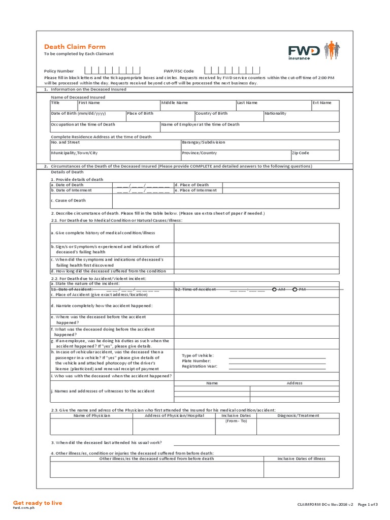 Death Claim Form: CLAIMFORM DC-s Nov2016 v2 Page 1 of 3 | Download Free ...