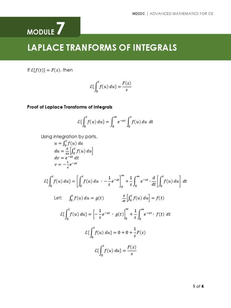 MODULE 7 - Laplace Transforms of Integrals | PDF | Laplace Transform ...