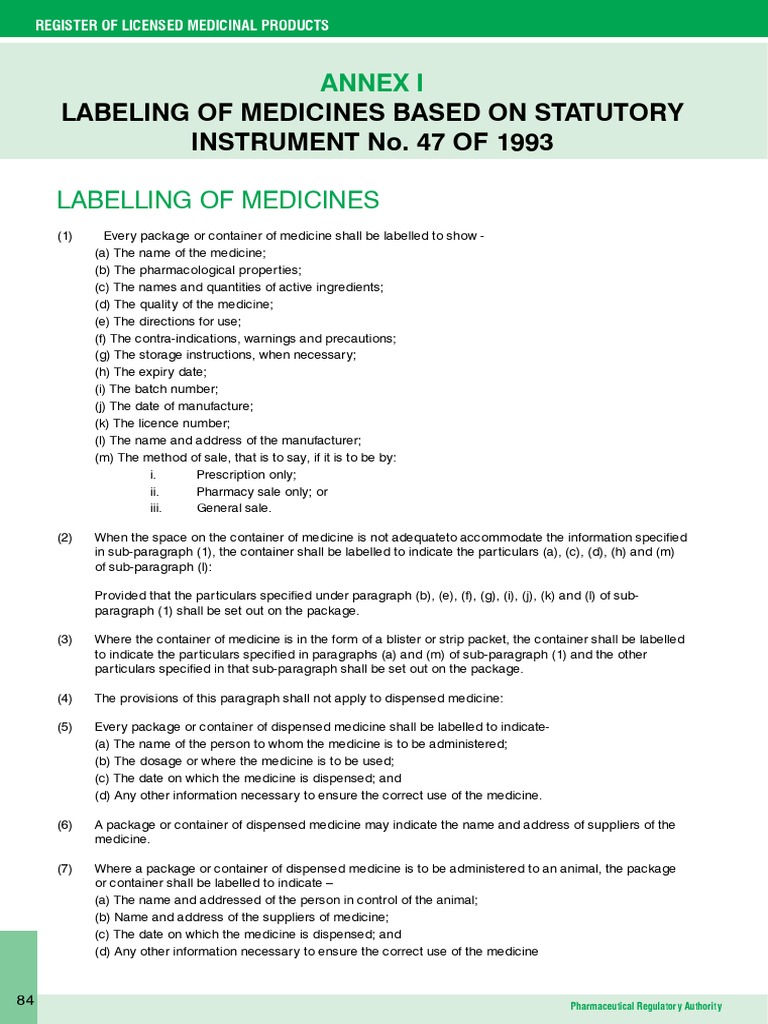 Statutoty Instrument No. 47 of 1993 Labelling of Medicines1 | PDF ...