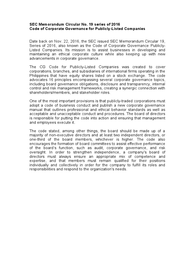SEC Memorandum Circular No. 19 Series of 2016 Code of Corporate Governance For Publicly-Listed ...