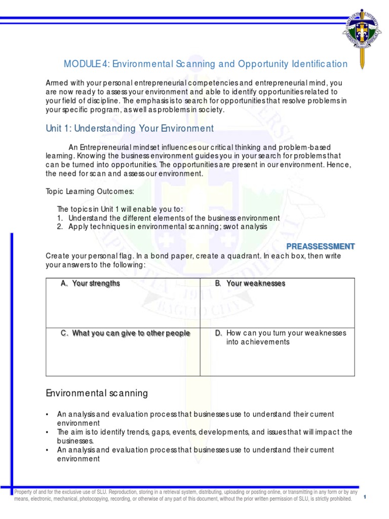 MODULE 4: Environmental Scanning and Opportunity Identification | PDF | Swot Analysis | Business