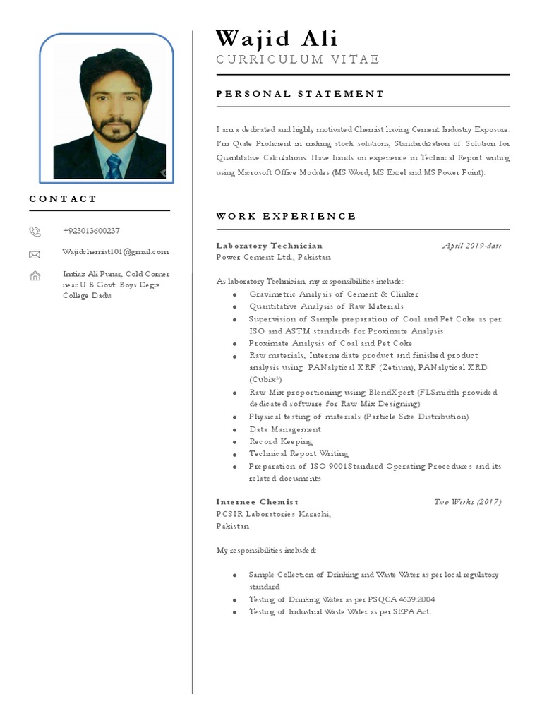 Wajid Ali: Curriculum Vitae | PDF | Cement | Analytical Chemistry