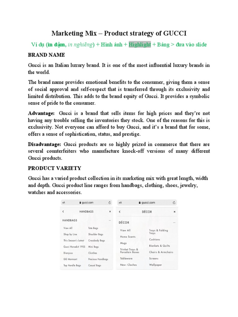 Marketing Mix - Product strategy of GUCCI: Ví dụ (in đậm, in nghiêng ...