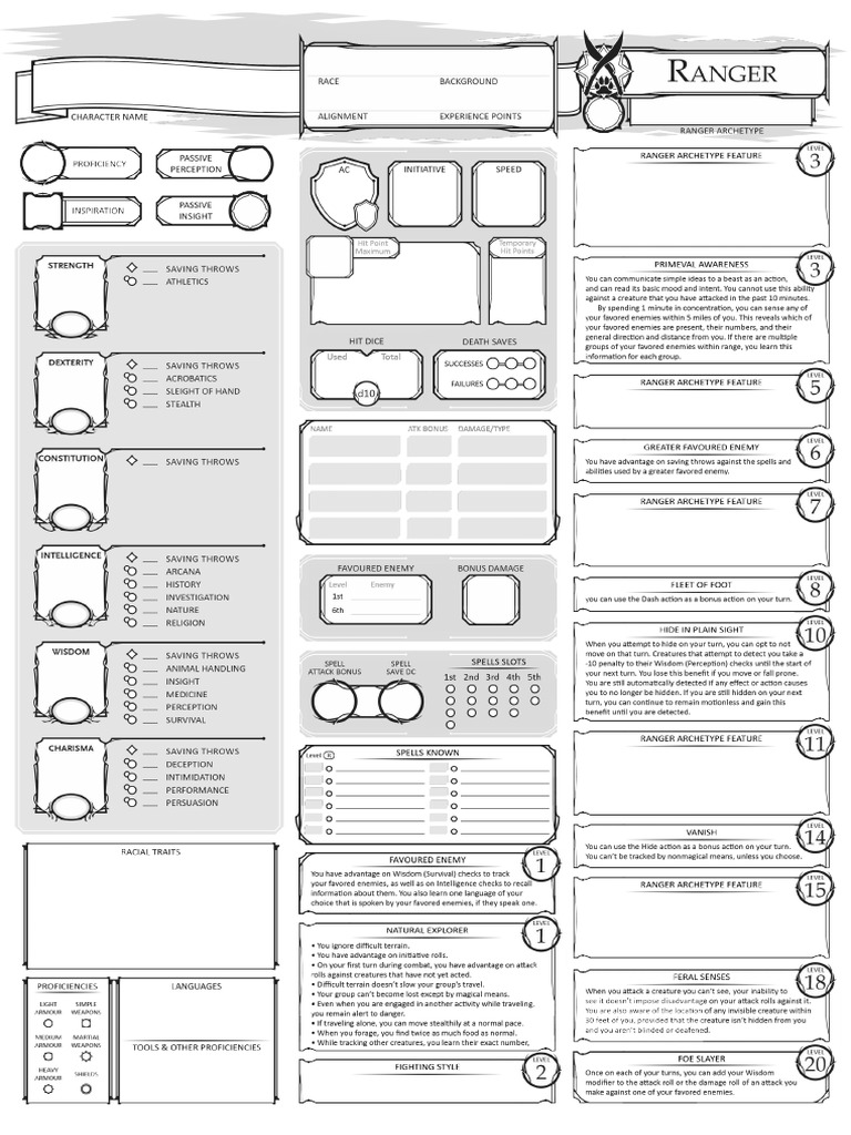 Class Character Sheet - Ranger-Revised V1.1 - Fillable | PDF