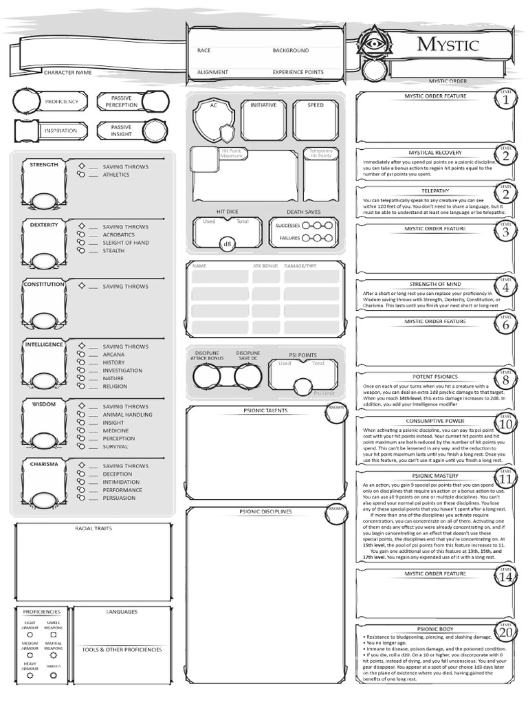 Class Character Sheet - Mystic V1.0 | PDF