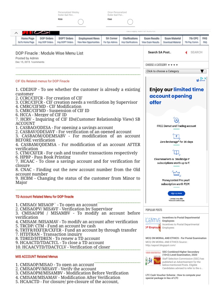 DOP Finacle - Module Wise Menu List - SA POST | PDF | Cheque | Financial Services