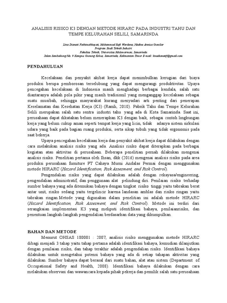 Analisis Risiko K3 Dengan Metode Hirarc Pada Industri Tahu Dan Tempe Kelurahan Selili | PDF