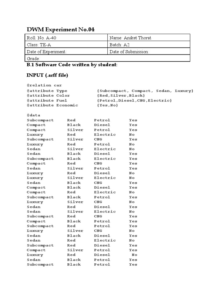 DWM Experiment No.04: B.1 Software Code Written by Student: INPUT (.Arff File) | PDF ...