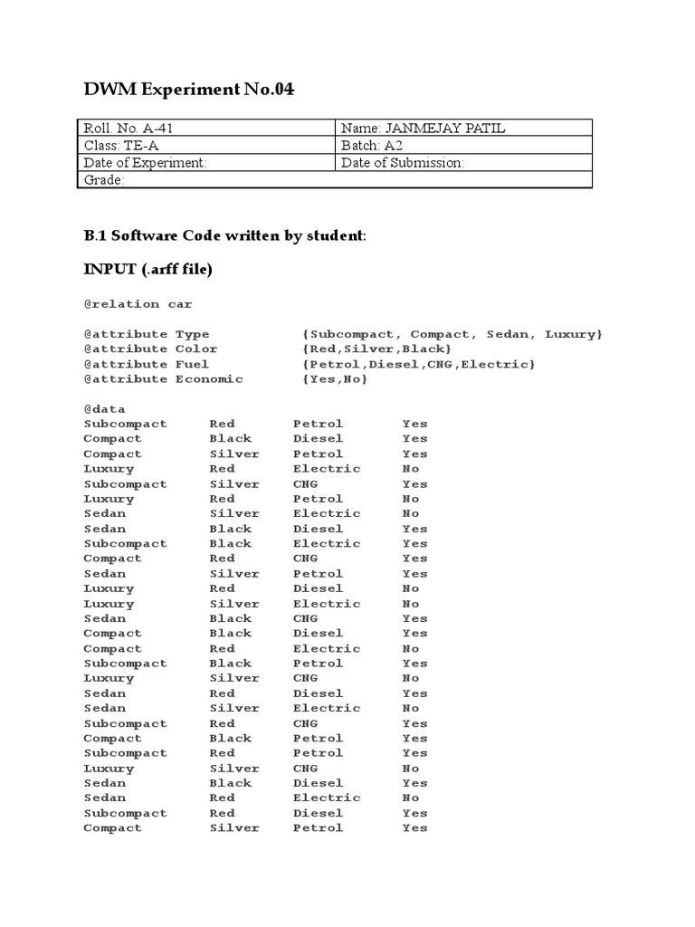 DWM Experiment No.04: B.1 Software Code Written by Student: INPUT (.Arff File) | Download Free ...