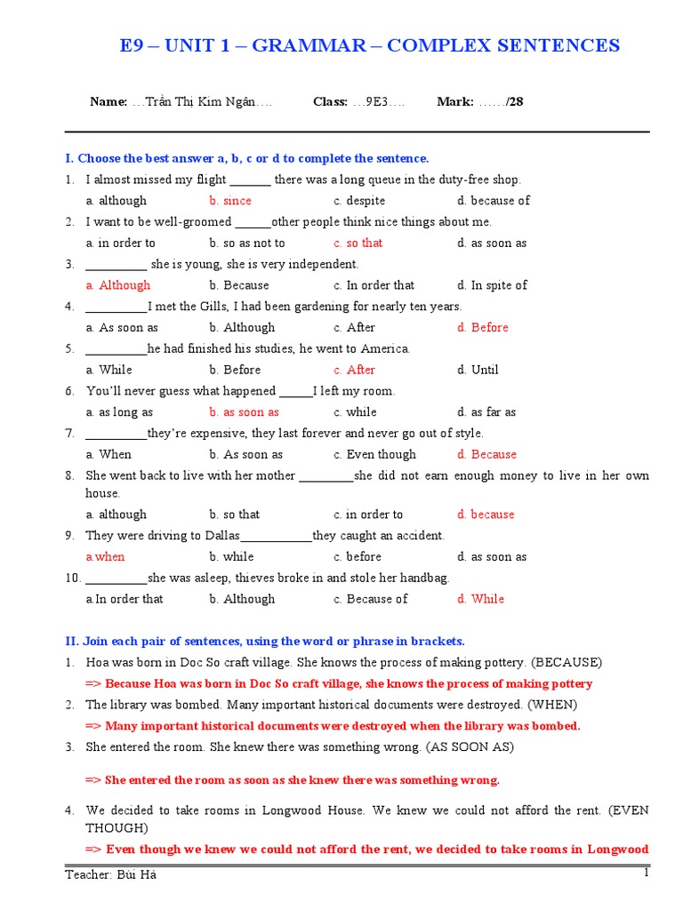 E9 - Unit 1 - Grammar - Complex Sentences | PDF