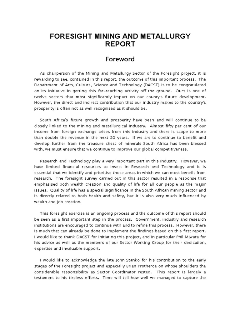 Foresight Mining and Metallurgy Report | PDF | Mining | Swot Analysis