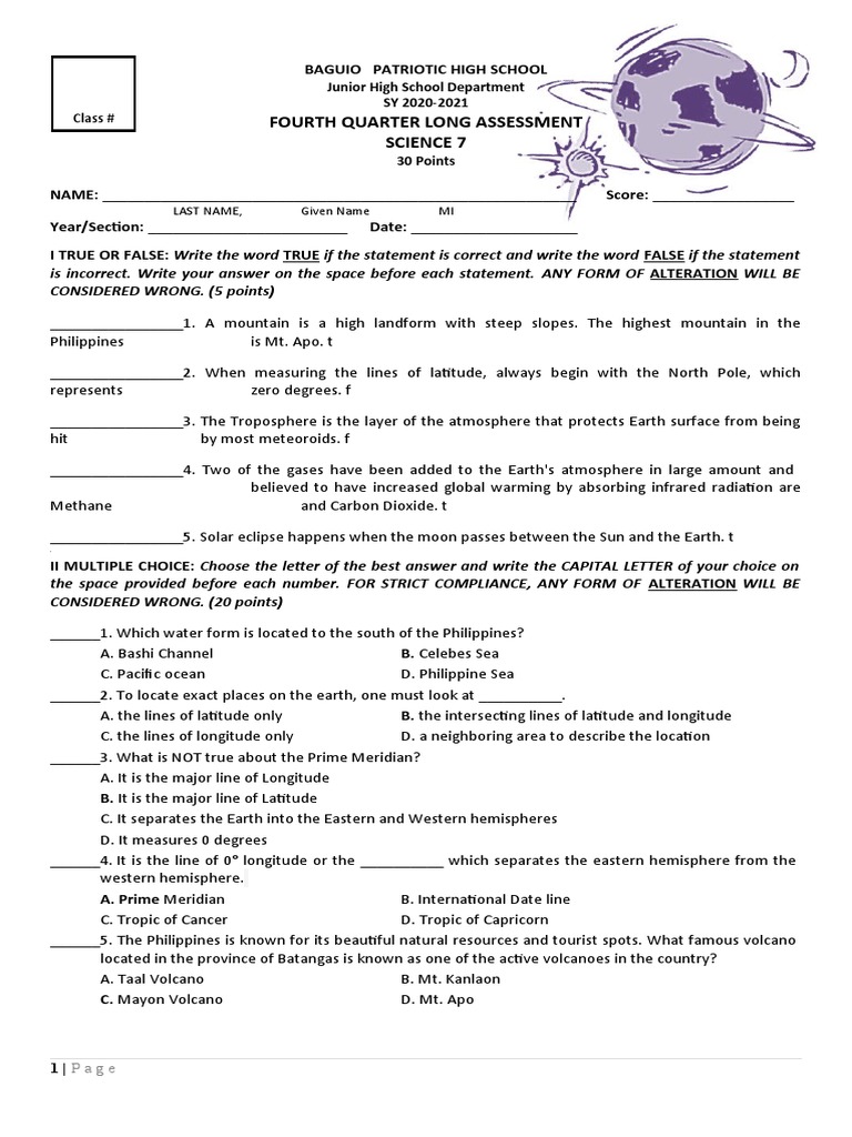 Fourth Quarter Long Assessment Science 7: Class # | PDF | Atmosphere Of ...
