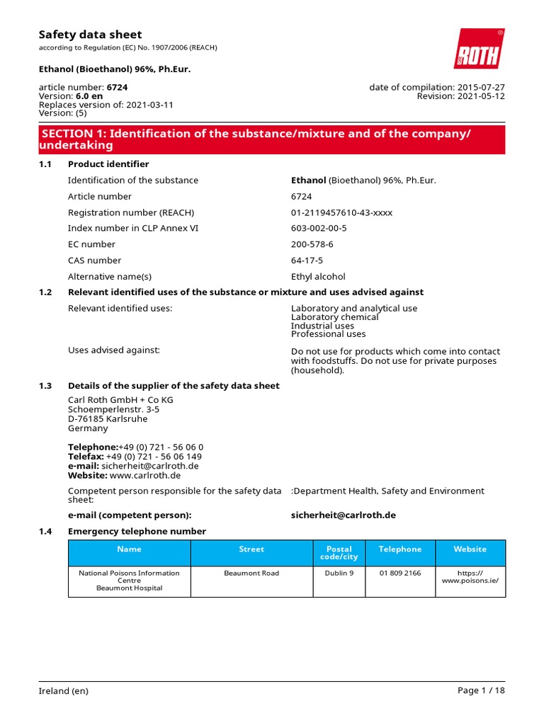 Ethanol Safty Data Sheet | PDF | Dangerous Goods | Toxicity