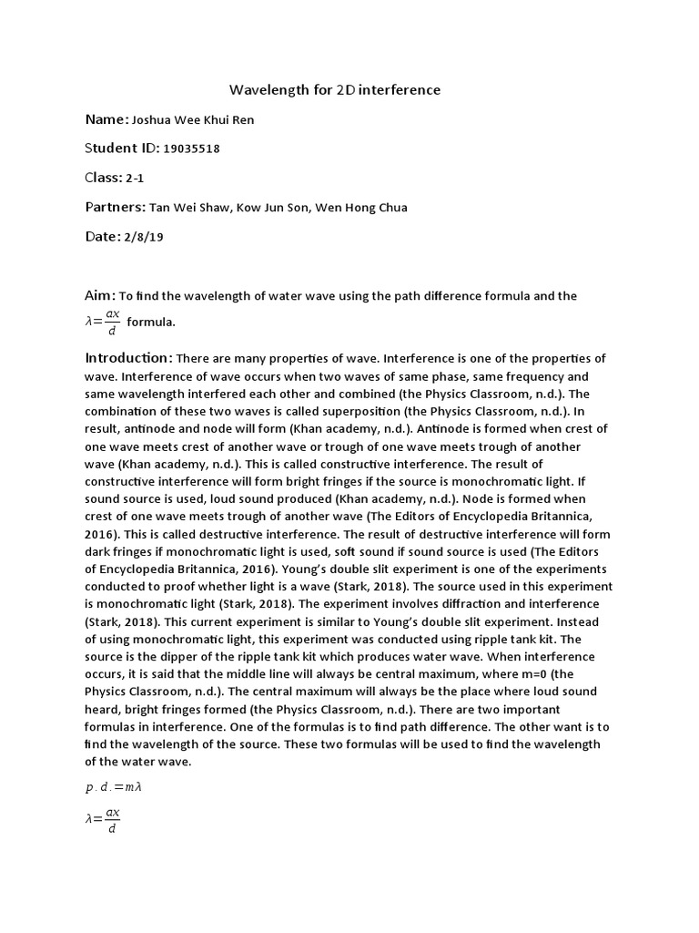 Wavelength For 2d Interference Name Student Id Class Partners Date