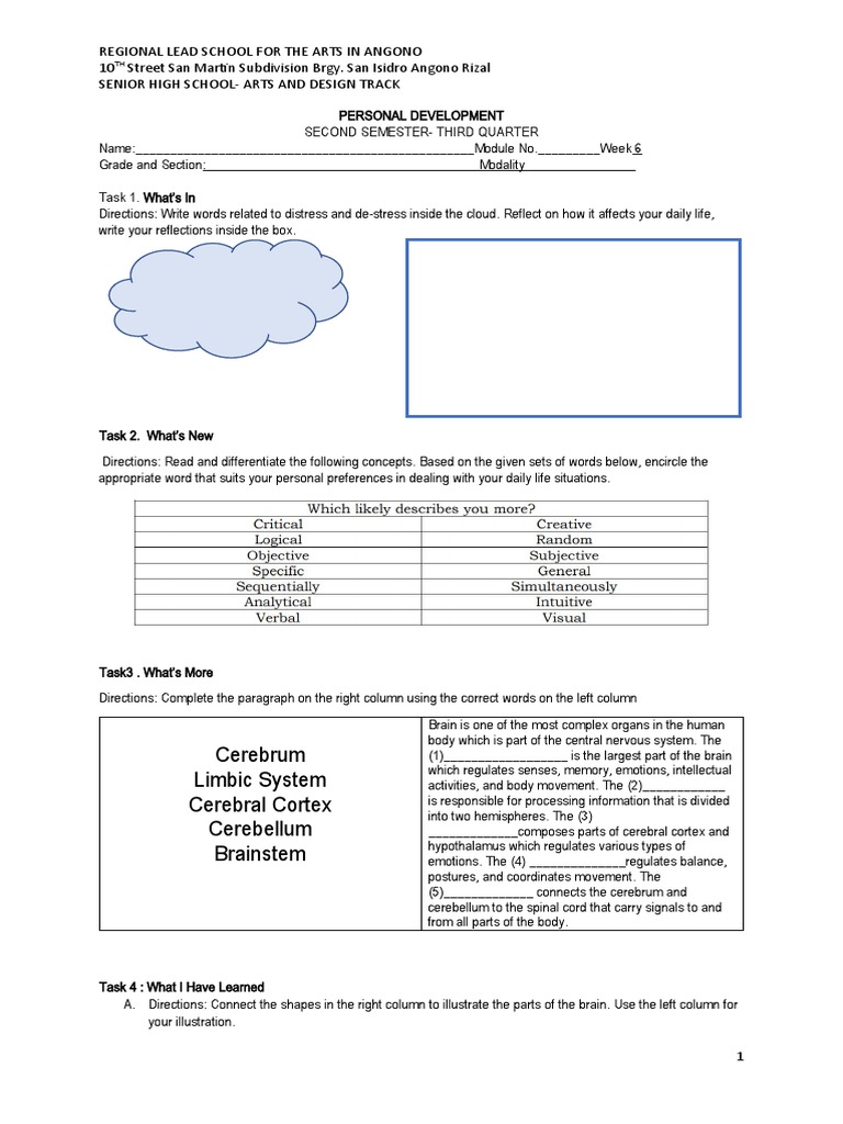 Week 6 PERSONAL DEVELOPMENT LAS G11 | PDF | Cerebrum | Central Nervous ...