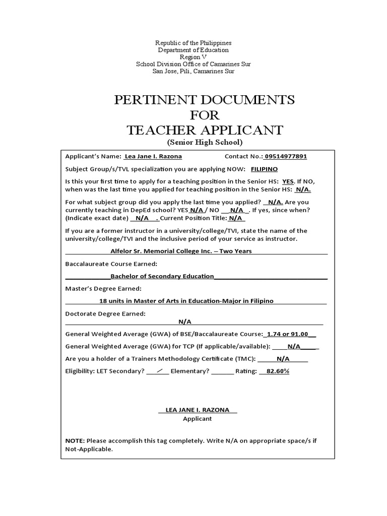 Pertinent Documents for Teacher Application | PDF | Language Arts ...