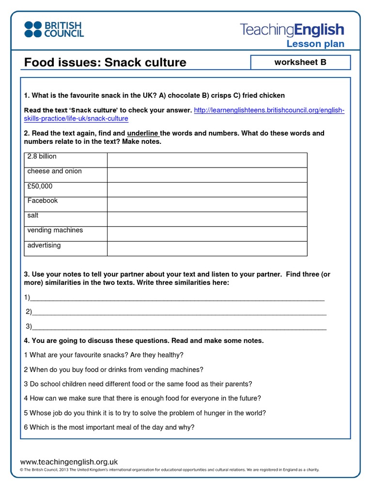 TE Food Issues - Snack Culture Worksheet | PDF
