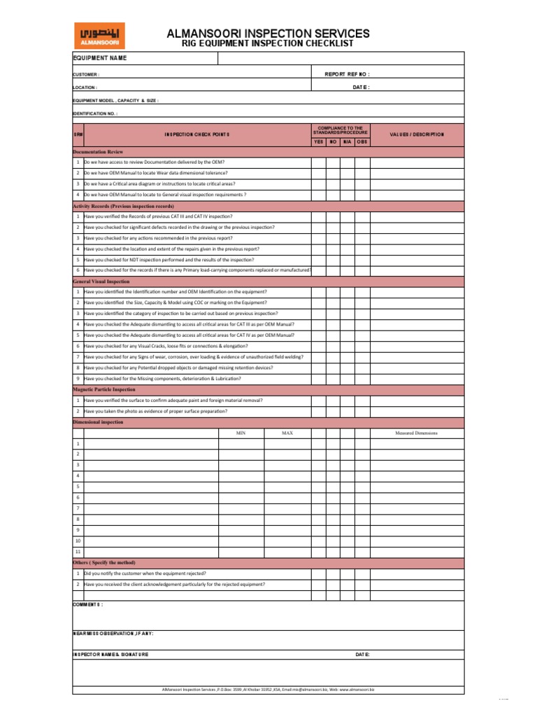 Almansoori Inspection Services: Rig Equipment Inspection Checklist ...