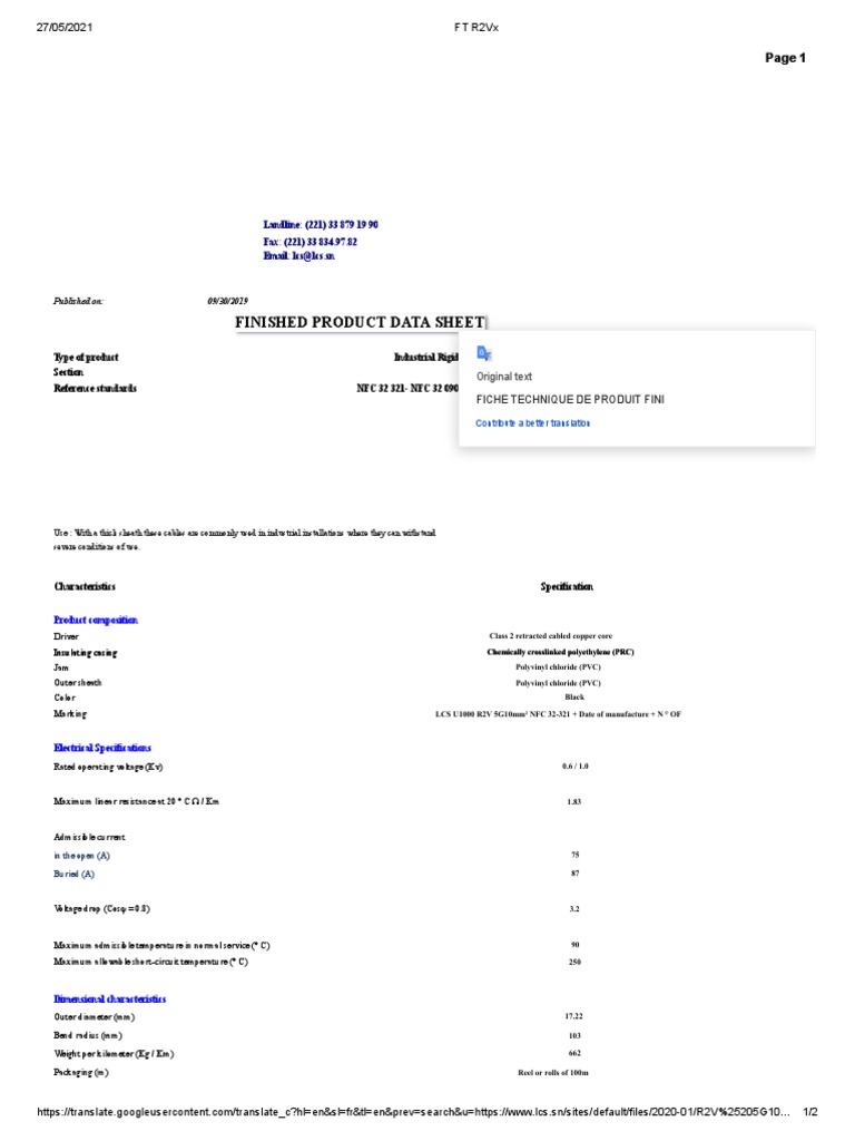 Finished Product Data Sheet: Landline: (221) 33 879 19 90 Fax: (221) 33 ...
