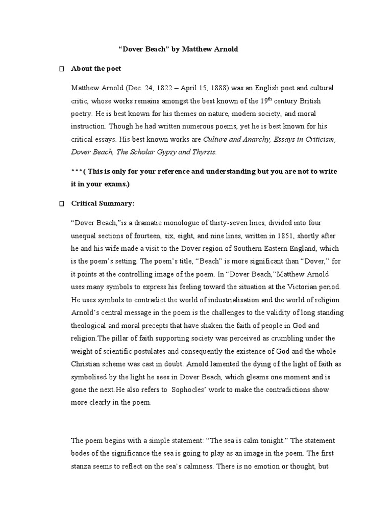 "Dover Beach" by Matthew Arnold | PDF | Poetry