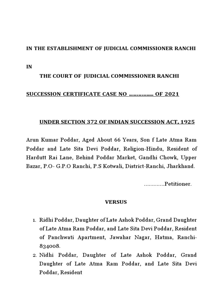 Succession Certificate Petition for Poddar Family | PDF | Probate ...