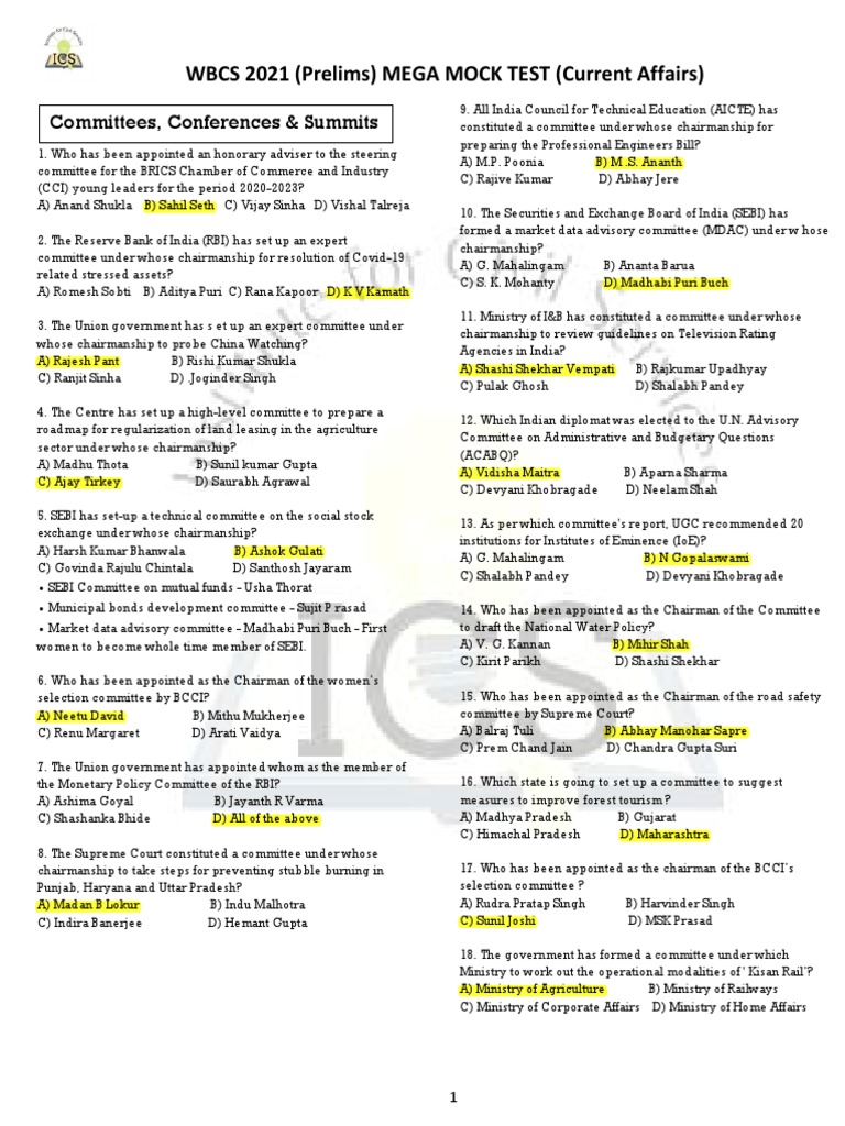 Answer Key-Current Affairs 2021 Mega Mock Test | PDF