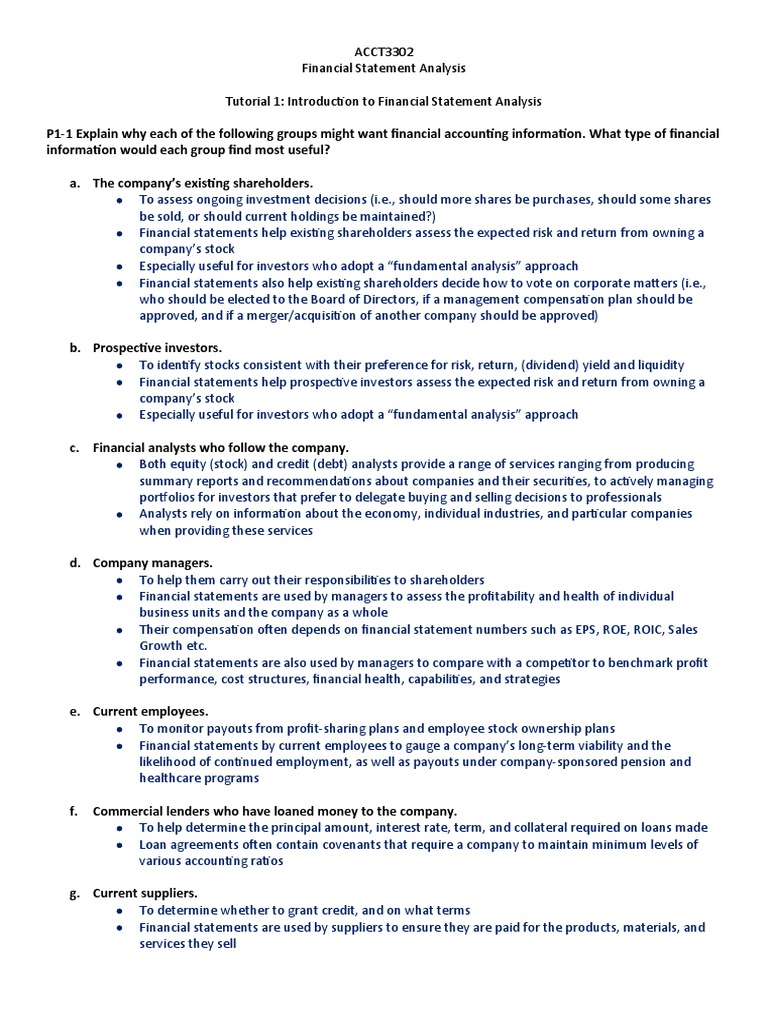 Acct3302 Financial Statement Analysis Tutorial 1 Introduction To