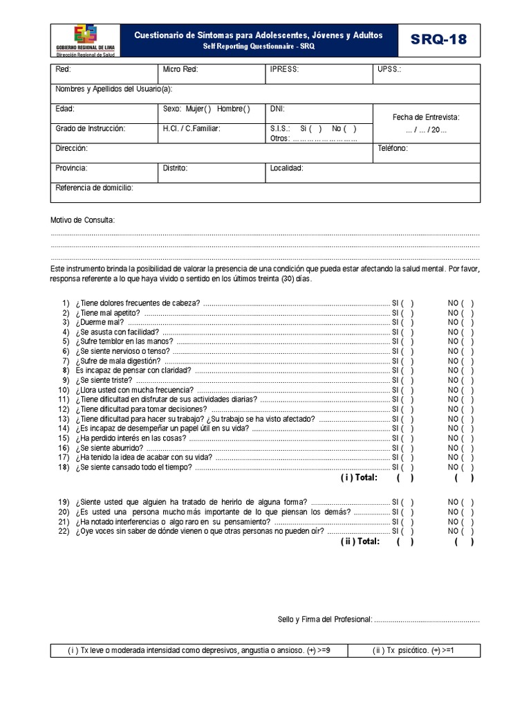 Tamizaje SRQ-18 (Depresion Ansiedad Psicosis) | PDF | Ciencias del comportamiento | Psiquiatría