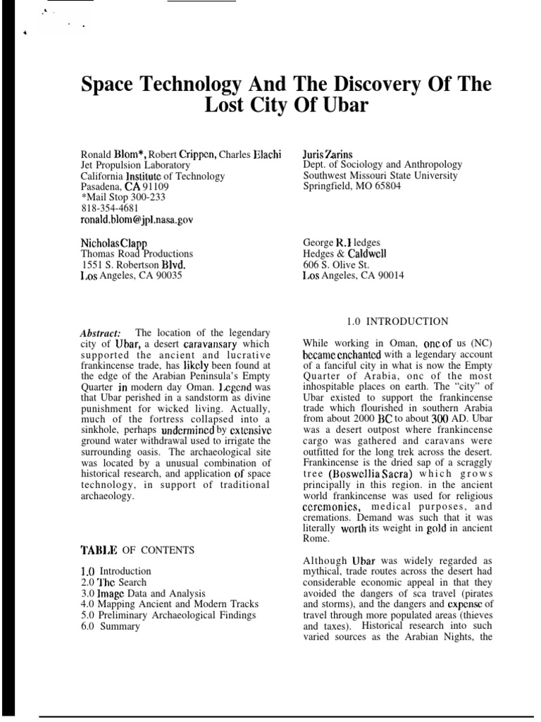 Space Technology and The Discovery of The Lost City of Ubar: Abstract ...