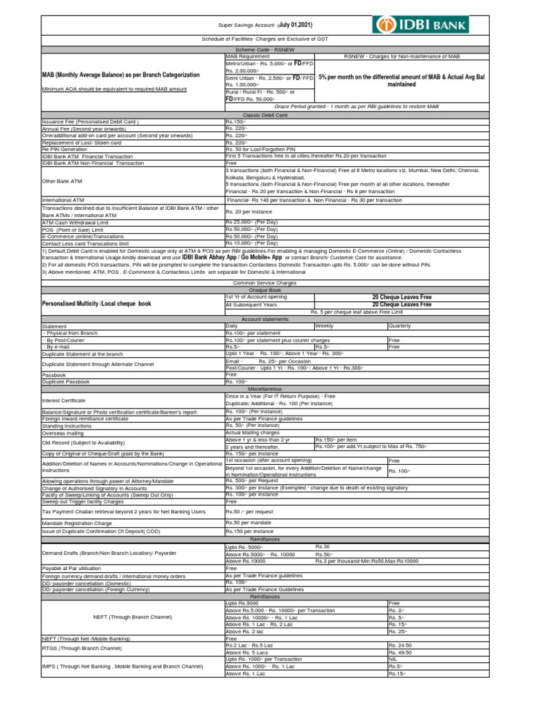 Core Savings Account - IDBI | PDF | Banks | Cheque