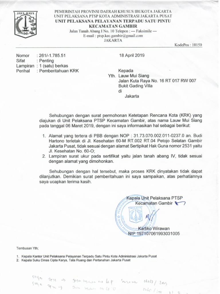 Surat Dari Unit PTSP Kecamatan Gambir | PDF