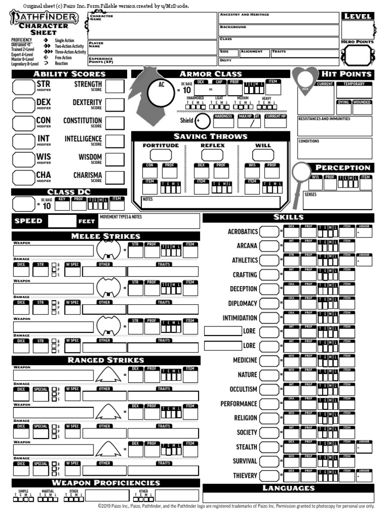 PF2E CharacterSheet BW Fillable | PDF | Dungeons & Dragons | D20 System