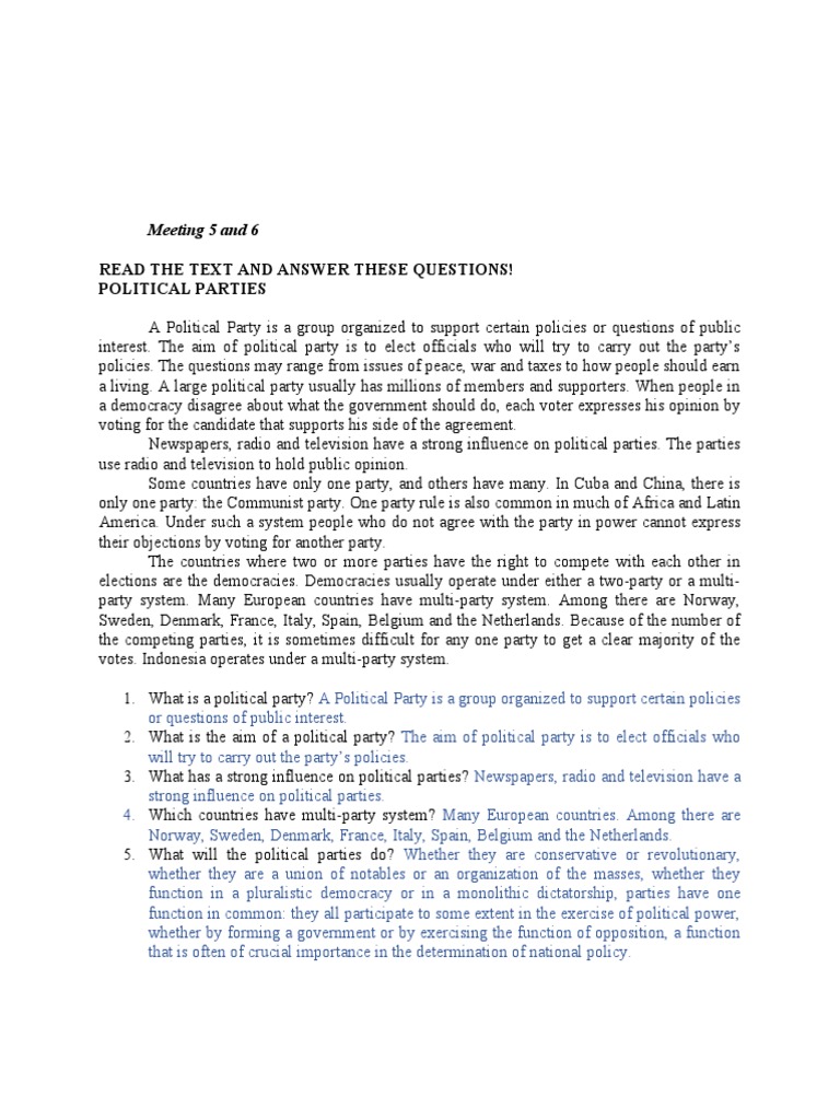 Meeting 5 and 6: Read The Text and Answer These Questions! Political ...