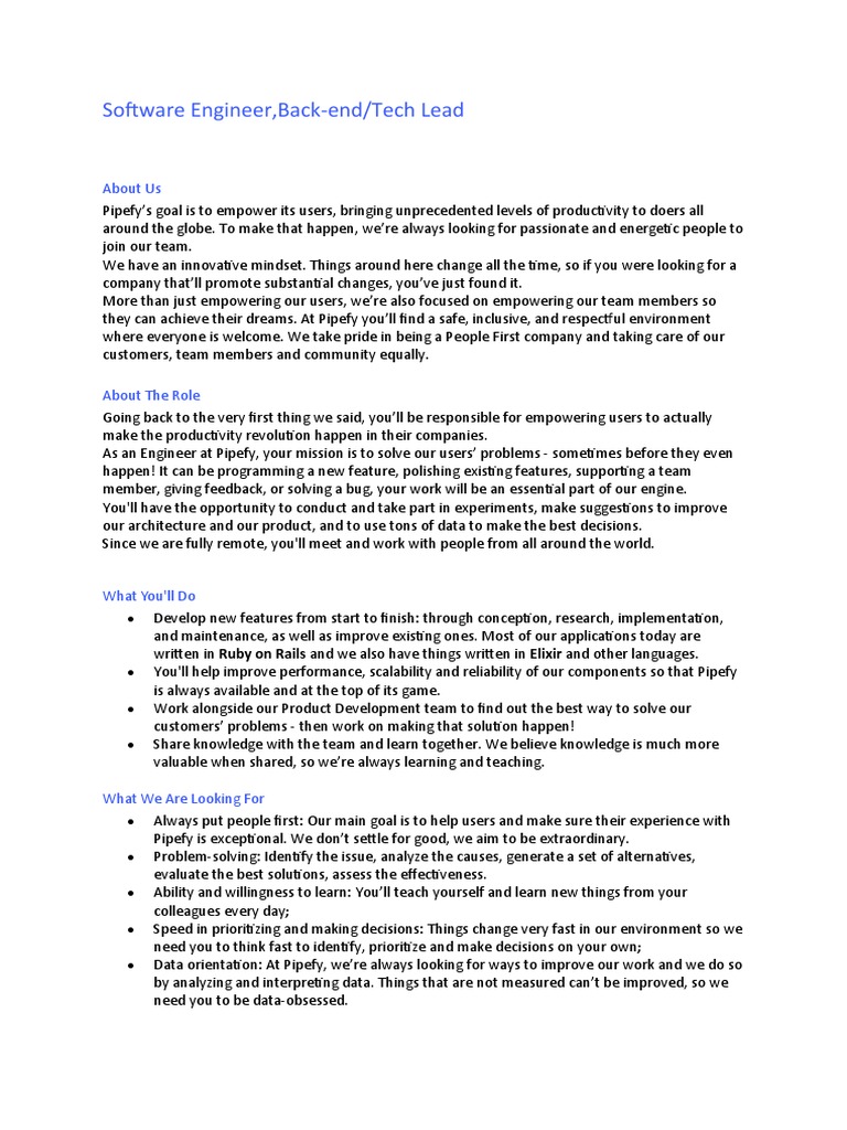 Pipefy - Software Engineer Back End or Tech Lead | PDF | Computing ...