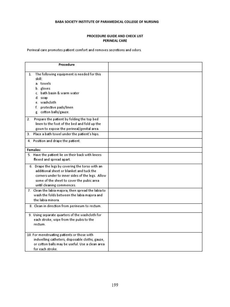 Performance Checklist - Perineal Care | PDF | Labia | Pelvis