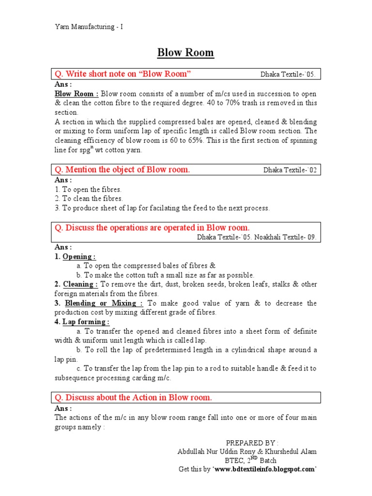 Overview of Blow Room Operations | PDF | Spinning (Textiles) | Yarn