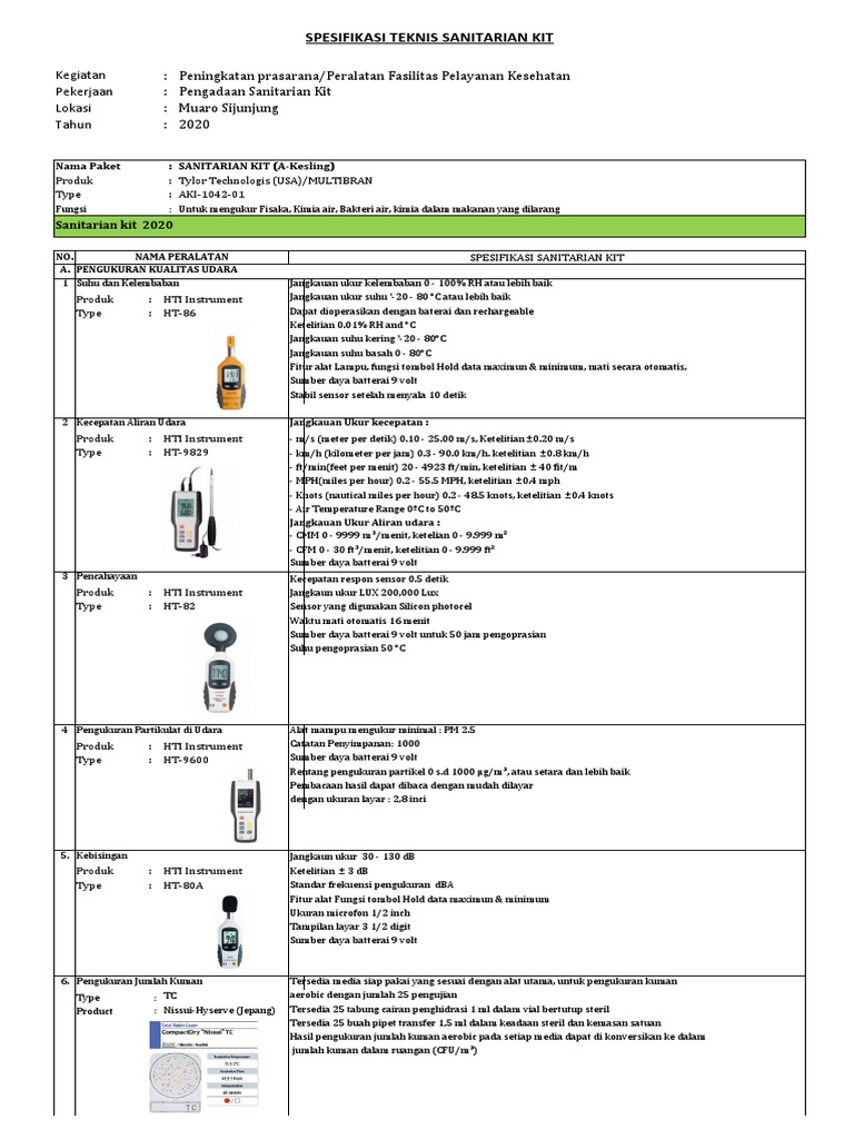 Spesifikasi Sanitarian Kit 2020 | PDF