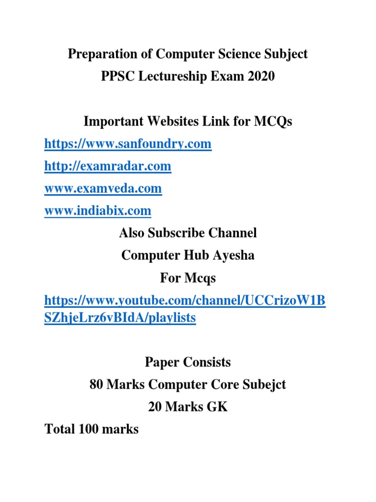 Preparation of Computer Science Subject PPSC Lectureship Exam 2020 ...