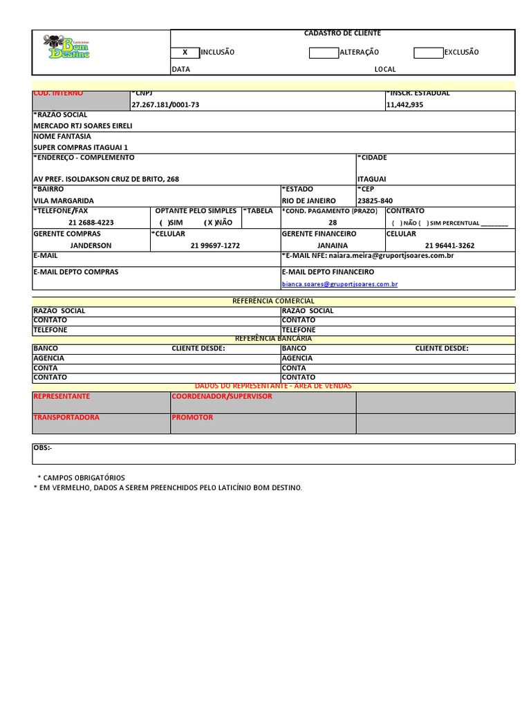 Modelo de Cadastro Clientes Lat Bom Destino | PDF | Business | Economias