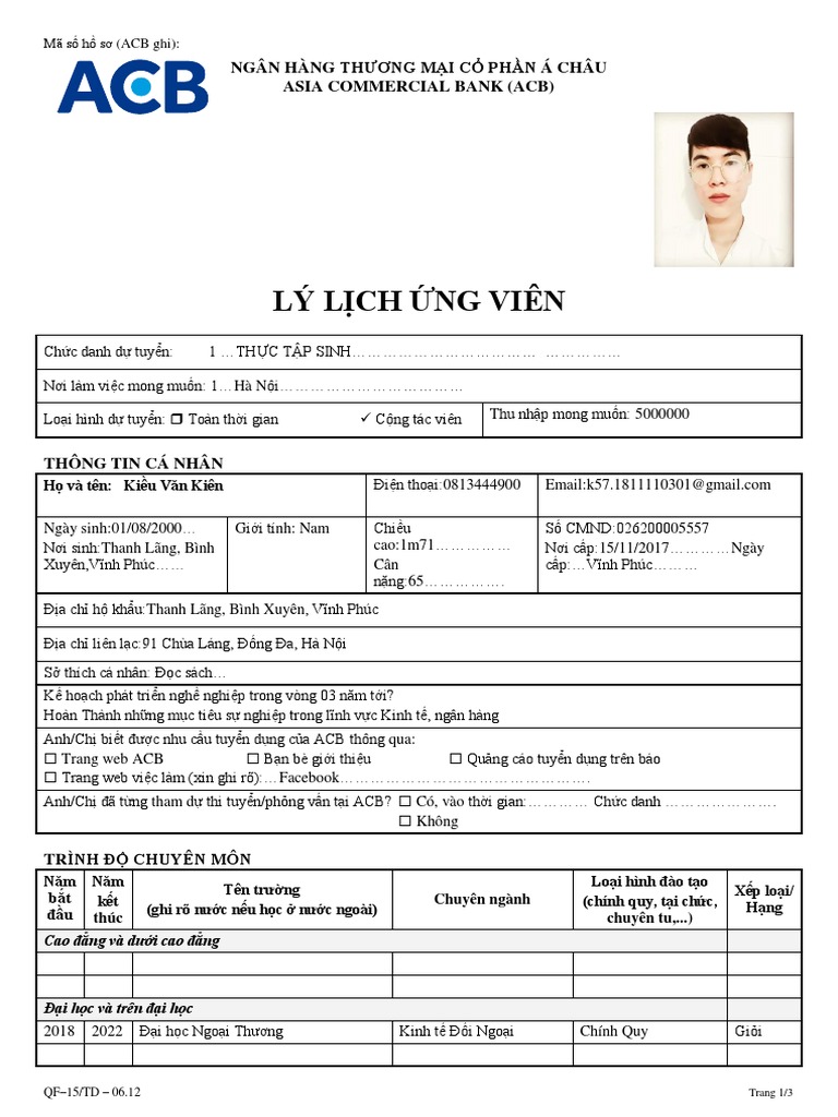 Mẫu CV ACB - KIỀU VĂN KIÊN | PDF