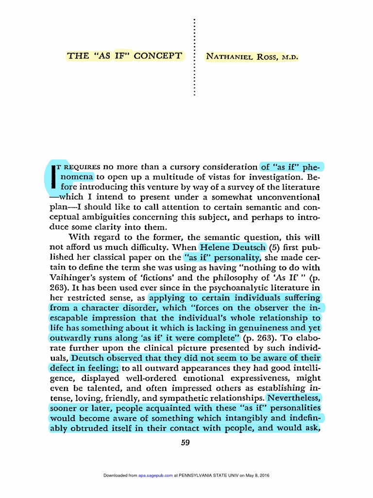 Nathaniel Ross - The As If Concept | PDF | Id | Psychoanalysis