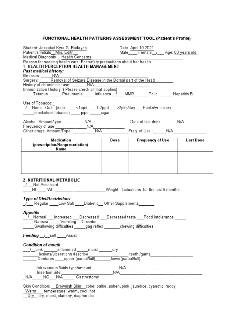 Functional Health Patterns Assessment Tool (Patient'S Profile) | PDF ...