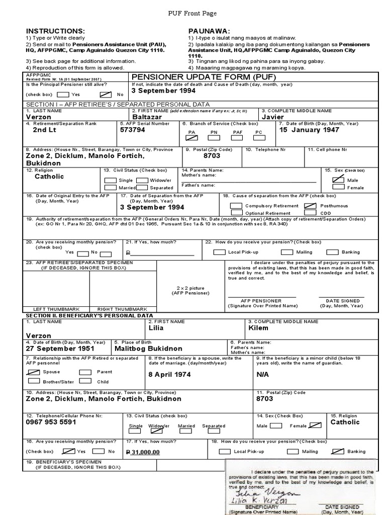 Pensioners Update Form (PUF) | Download Free PDF | Marriage | Social ...
