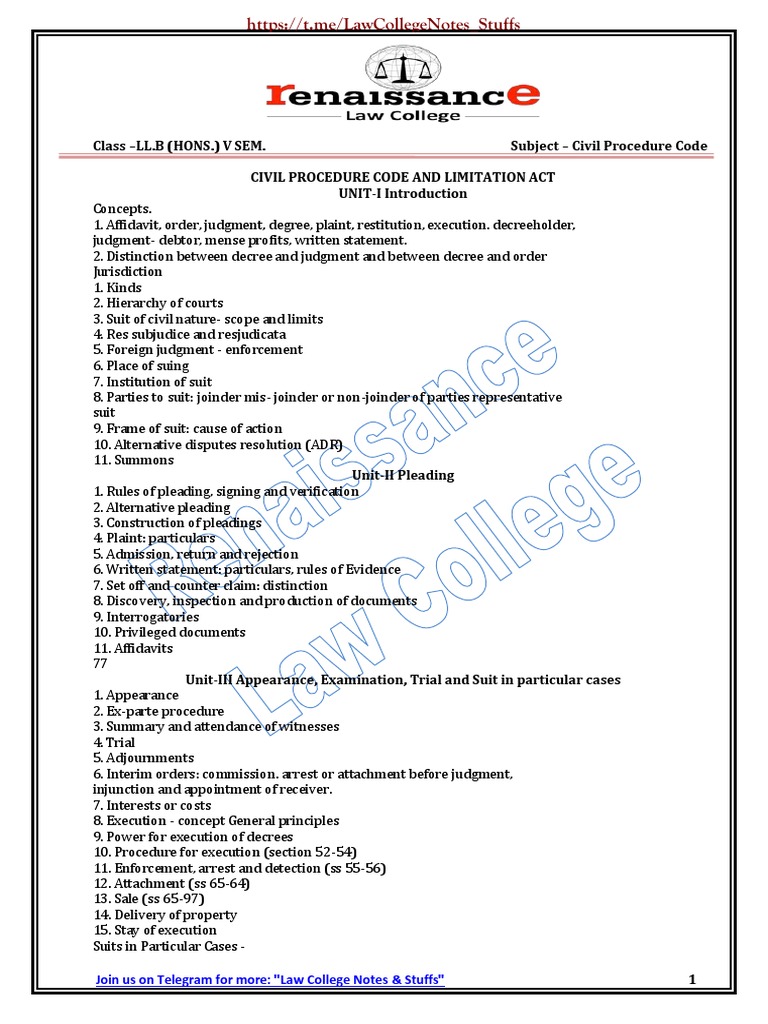 Civil Procedure Code (CPC) Renaissance Law College Notes | PDF ...