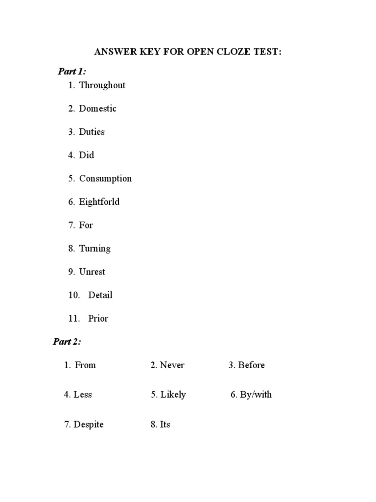 Open Cloze Test Answer Key | PDF | Cooking, Food & Wine