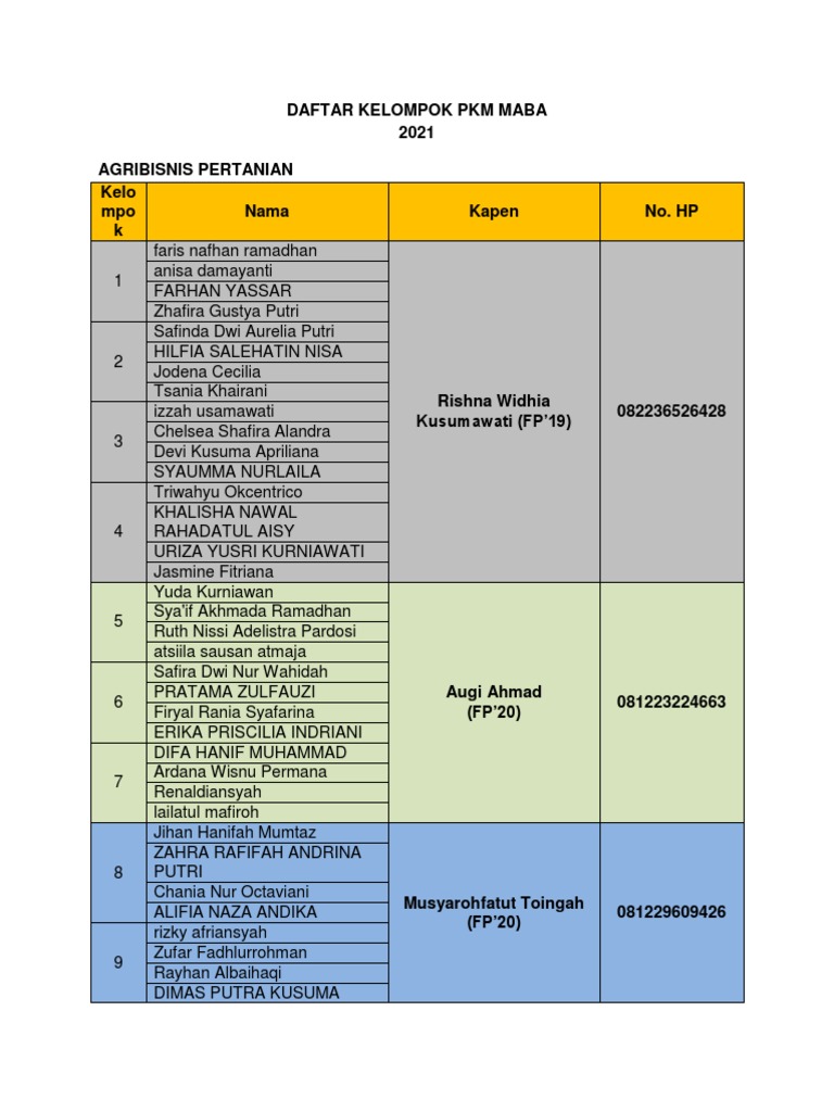 Daftar Kelompok PKM Maba | PDF
